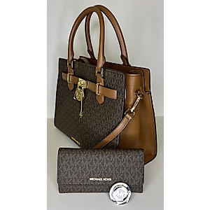 MICHAEL Michael Kors Hamilton MD Satchel bundled with Trifold Wallet and Purse Hook (Signature MK Brown)