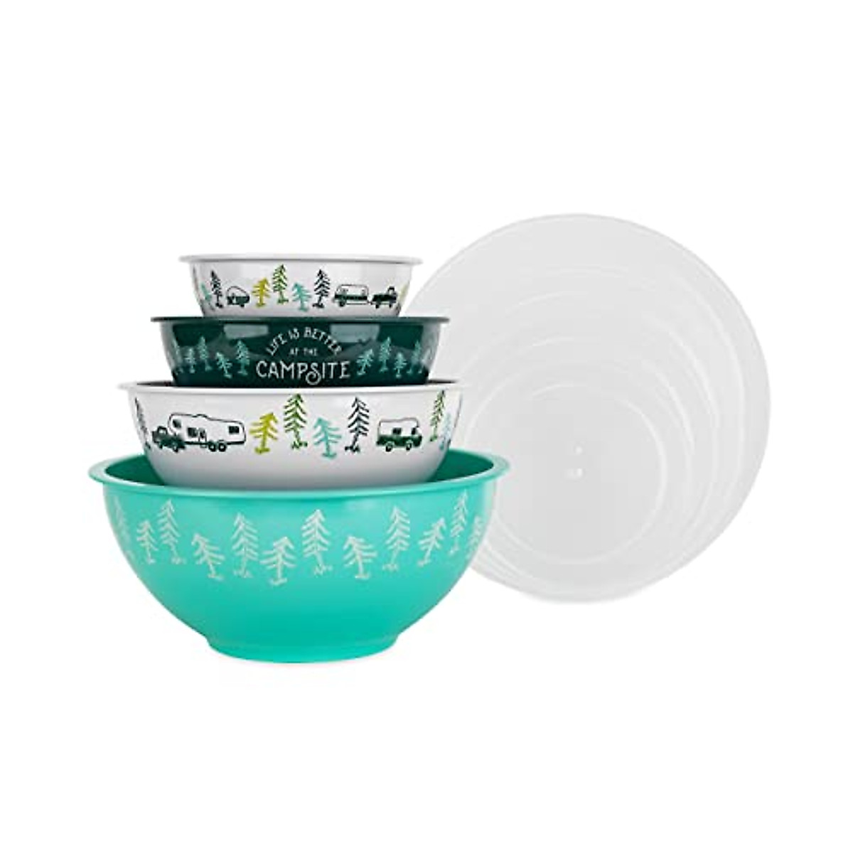 Camco Life is Better at The Campsite Nesting Bowl Set with Lids | Great for On-The-Go Lifestyles | Features (4) Durable Melamine Bowls with (4) Plastic Lids (53451)