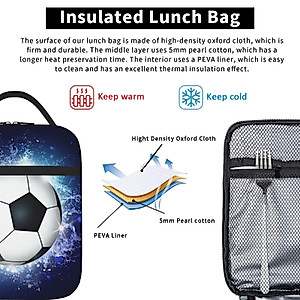 YIJIUWKIS Sports Lunch Box with Soccer Pattern Print, Blue Insulated Lunch Bag for Kids Teens Boys Girls, Reusable Lunch Bag Ice Packs Containers Tote Handbag with Water Bottle Holder and Handle