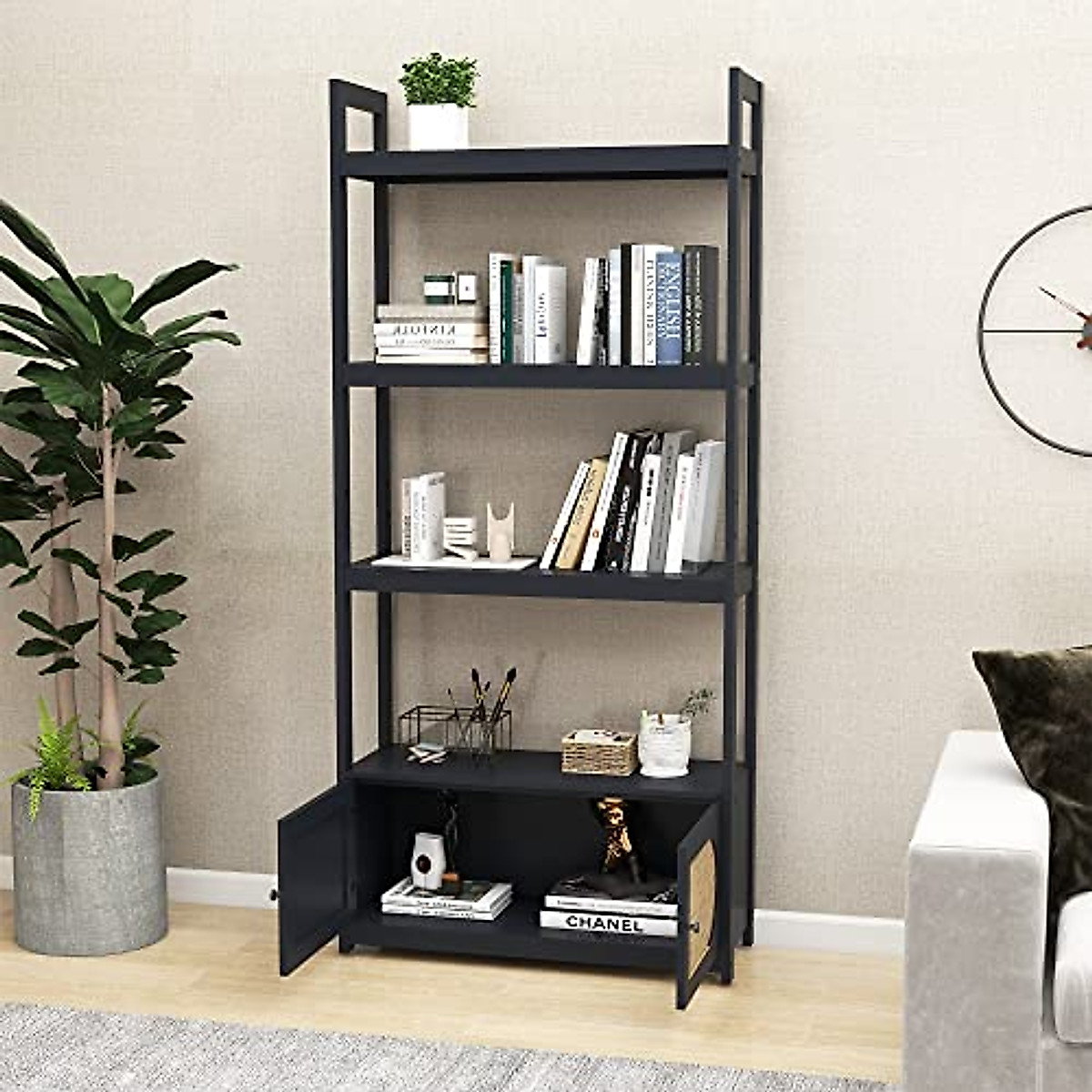 4 Tier Modern Bookshelf with Cabinet, Tall Bookcase with Woven Cane Doors, Freestanding Wood and Metal Display Shelf Unit for Living Room, Bedroom, Office (31.5" W x 11.8" D x 70.8" H, Black)