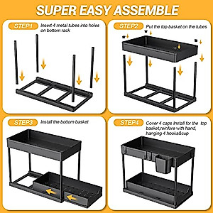 2PCS Under Sink Organizers and Storage, 2 Tier Under Sink Organizer with Sliding Drawers & Hooks & Hanging Cup, Multi-purpose Bathroom Storage Cabinet Organizer Shelf for Pantry, Bathroom, Kitchen