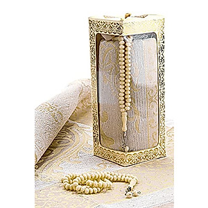 Muslim Prayer Rug and Prayer Beads with Elegant Gift Box | Janamaz | Sajadah | Soft Islamic Prayer Rug | Islamic Gifts Set | Prayer Carpet Mat, Taffeta Fabric, Cream