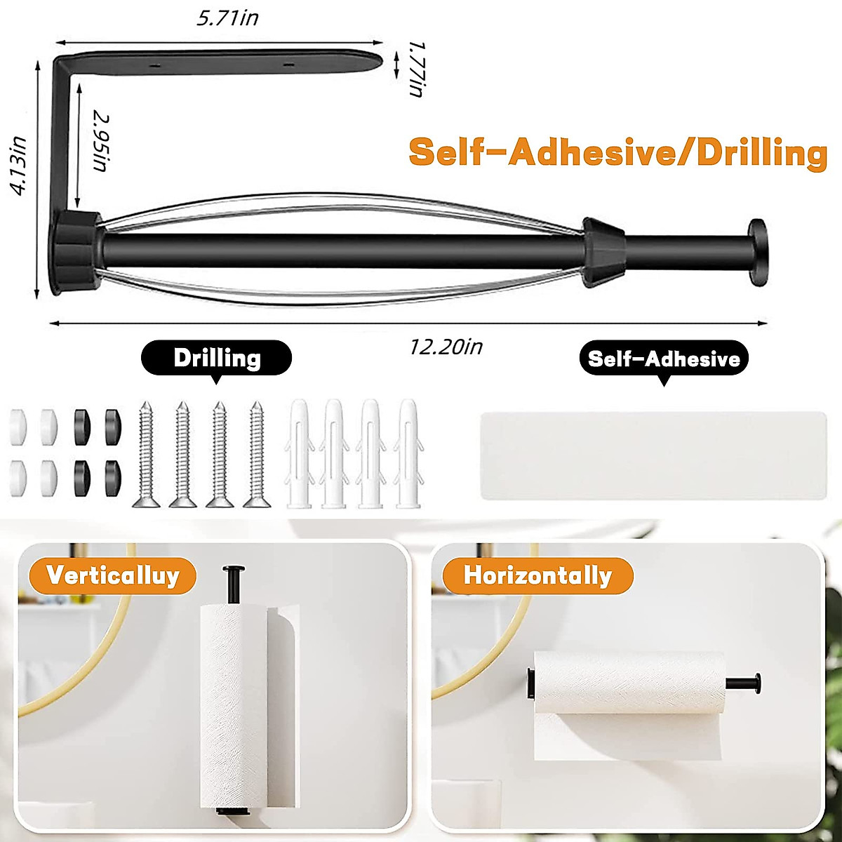 Paper Towel Holder Under Cabinet, Self-Adhesive Paper Towel Holder with 2 Hooks,Single Hand Operable Wall Mount Paper Roll Holder with Damping Effect for Kichen Bathroom