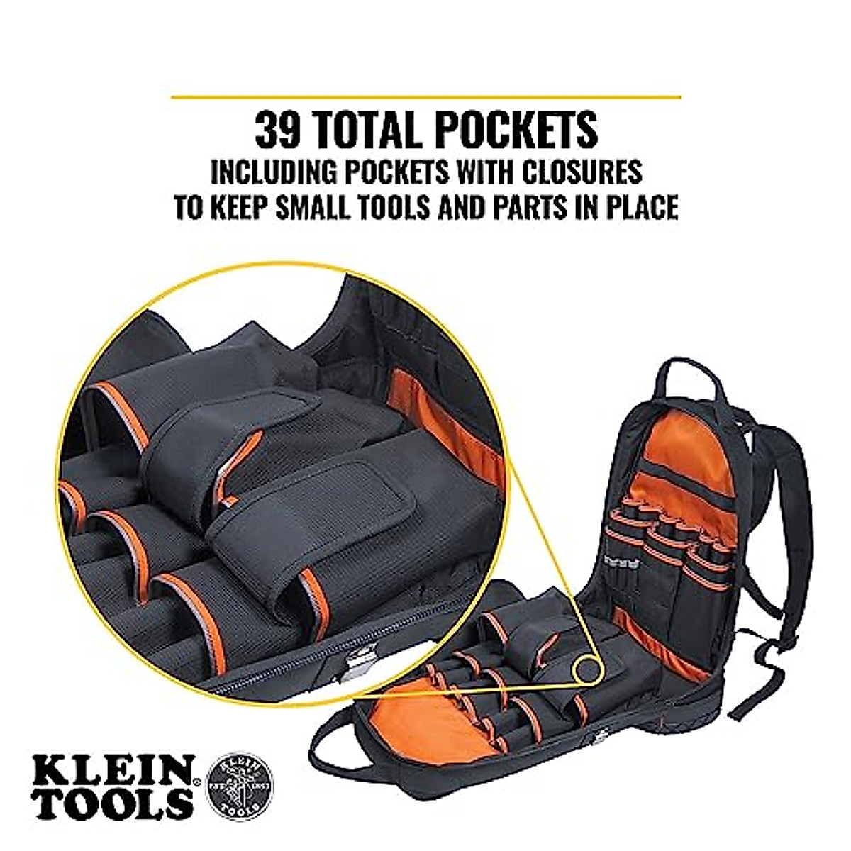 Klein Tools 55421BP-14 Tool Bag Backpack, Heavy Duty Tradesman Pro Tool Organizer / Tool Carrier with 39 Pockets and Molded Base