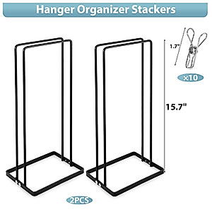 HAKDAY 2PCS Hanger Organizer Stacker with 10pcs Stainless Steel Clamps, Hanger Stacker Hold up 110 Wire Hangers for Hanger Storage Organizer, Hanger Rack Stand for Adult Child Velvet Pants Hangers