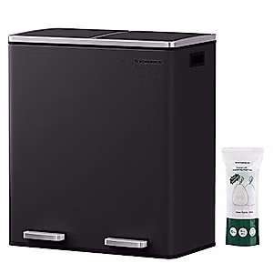 SONGMICS Dual Trash Can, 16 Gal (60L) Rubbish Bin and 15 Trash Bags, Metal Step Bin, with Dual Compartments, Plastic Inner Buckets and Hinged Lids, Airtight, Black ULTB60BK