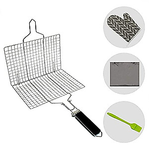 Fish Grill Basket, Fish Basket Non-stick Stainless Steel Foldable Nets Portable with Removable Handle Easy-to-flip for Steaks Seafood Vegetables Outdoor Barbecue