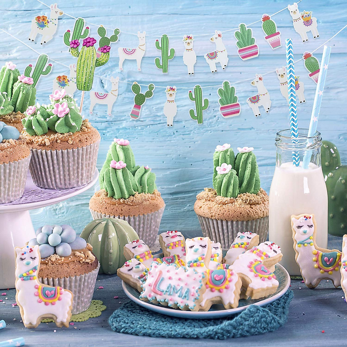 Boao 3 Pcs Llama Party Supplies Llama Cactus Banner Garland Llama Party Decoration Cactus Banner for Mexican Fiesta Llama Themed Birthday Graduation Cinco de Mayo Hawaiian Party Supplies