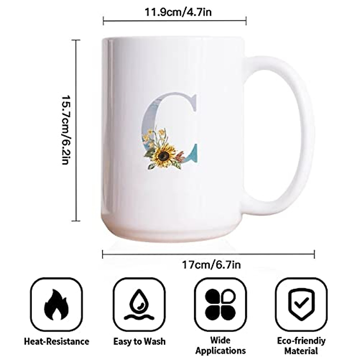 Yelolyio Watercolor Floral Monogram Coffee Mug, Alphabet Initial Letter C Coffee Cup, Monogram Mug Cup, 15oz