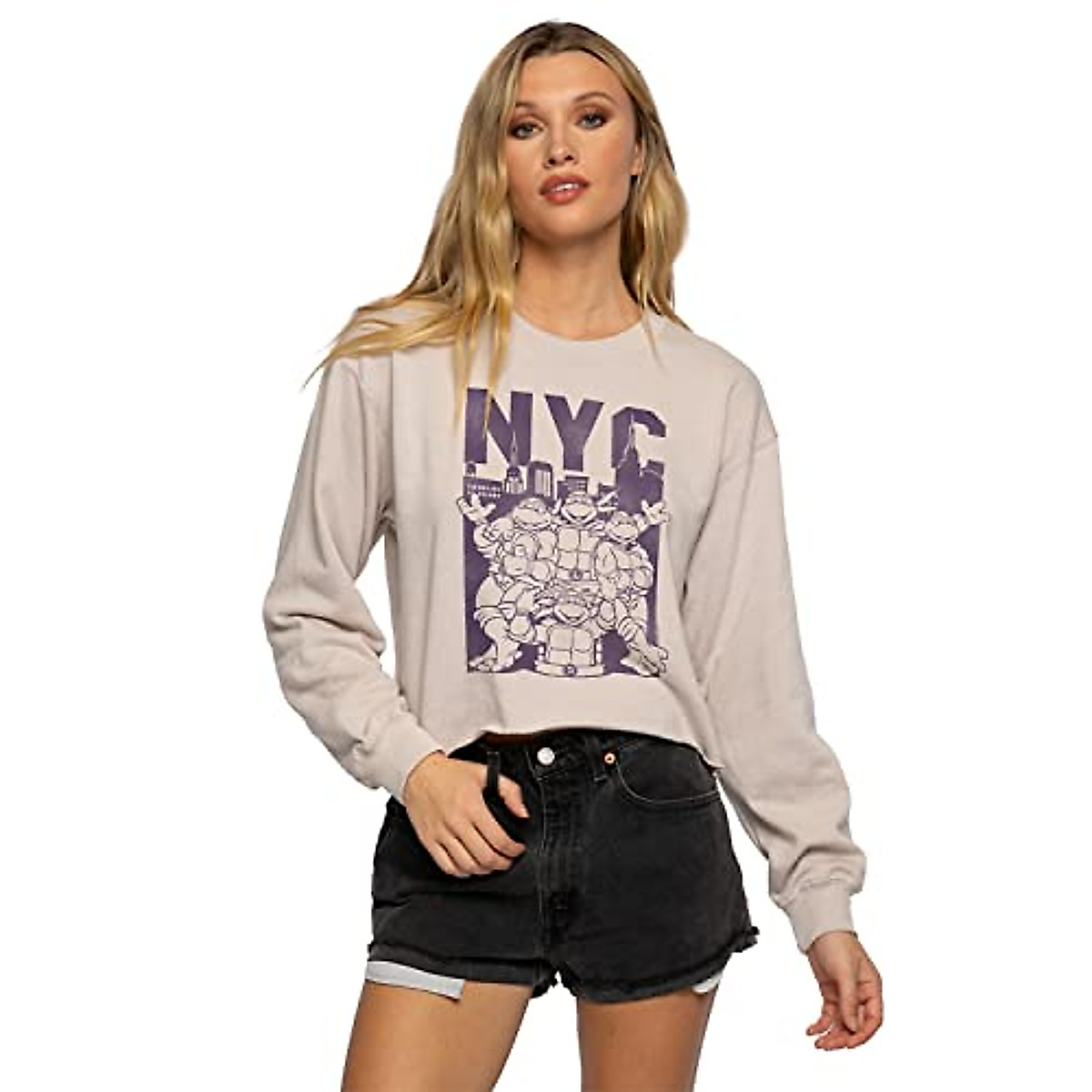 Suburban Riot TMNT Official Nyc Turtles Women's Crop Fleece Sweatshirt (Medium) Cream