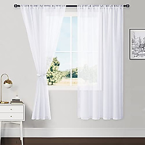 Hiasan White Sheer Curtains for Bedroom with Tiebacks, Lightweight Airy Breathable Voile Drapes Light Filtering Rod Pocket Window Curtains for Living Room, Nursery, W52 x L63, 2 Soft Panels