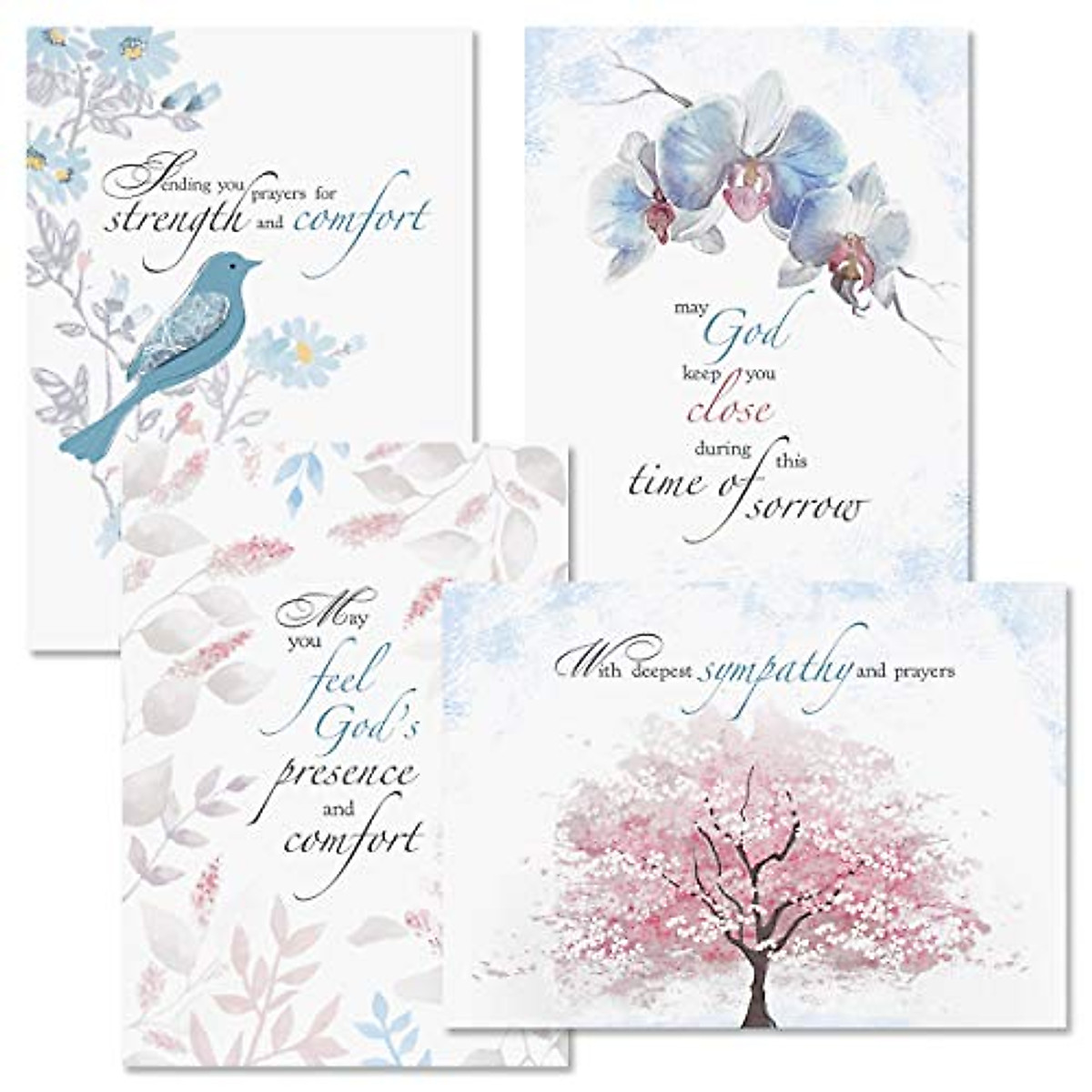 Sympathy Comfort Faith Cards with Scripture - Set of 8 (4 Designs), Large 5" x 7", Religious Sympathy Cards with Sentiments Inside, White Envelopes