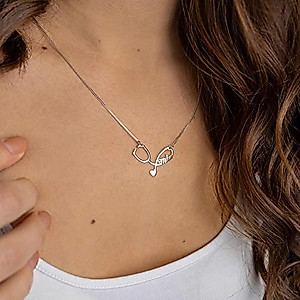 Stethoscope Necklace - Personalized Stethoscope Pendant With Name - Nurse Necklace - Doctor Necklace - Nurse & Doctor Graduation Gift (Sterling Silver)
