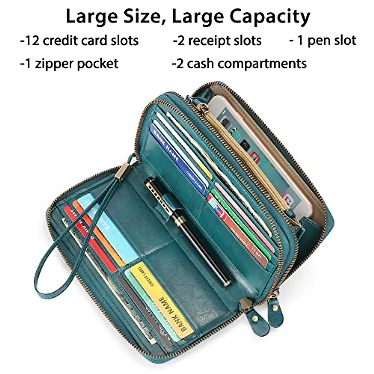 SENDEFN Leather Women Wallet RFID Blocking Zipper Around Phone Holder Clutch Wristlet Large Capacity