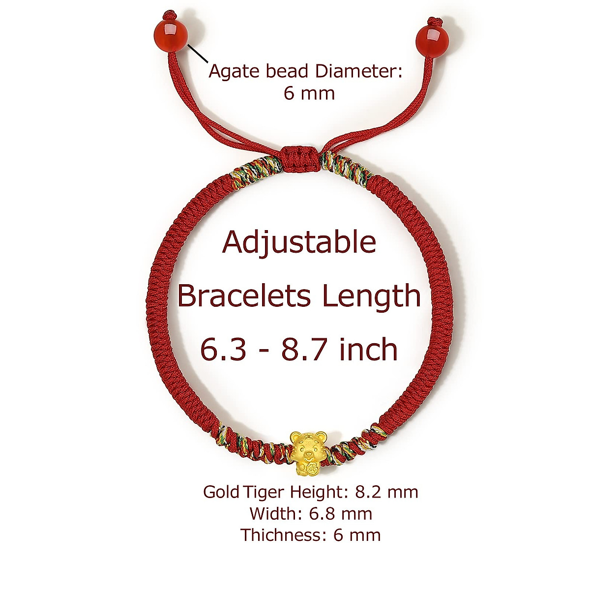 ZHOU LIU FU 24K Solid Gold Bracelet, Real Pure Gold Jewelry Charm Red Braided Bracelets Dainty Lucky Chinese Zodiac Tiger Ruyi Ingot Chain for Women Men Girlfriend