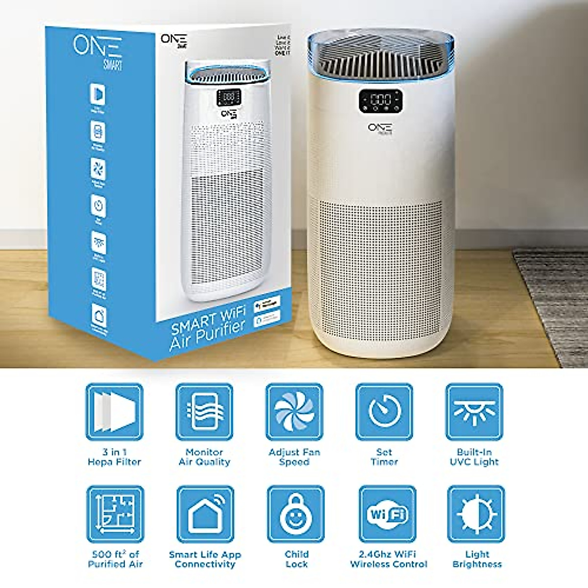 ONE Products Smart Hepa Air Purifier, UV Light Sanitizer, Covers Small to Large Room, Kills 99.99% Germs, Bacteria, Allergies, Pollen, Smoke, Dust, Pet Dander, Work with Alexa, Google, Athena(OSAP02)