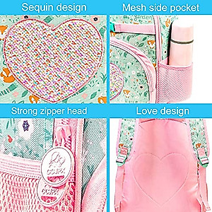 TXHVO 3PCS Kids Backpack for Girls, 16” Preschool Bookbag with Lunch Box, Cute Girl Sequin Backpacks for Elementary School
