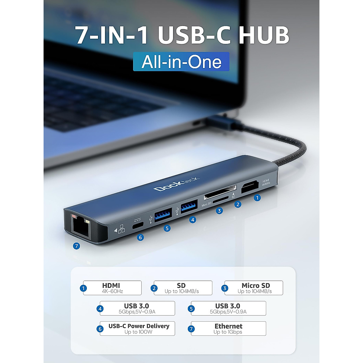 dockteck 7-in-1 USB C Hub with 4K 60Hz HDMI, 1Gbps Ethernet, 100W Power Delivery, SD/TF Card Slots, USB 3.0 Data Ports for MacBook, iPad Pro, XPS