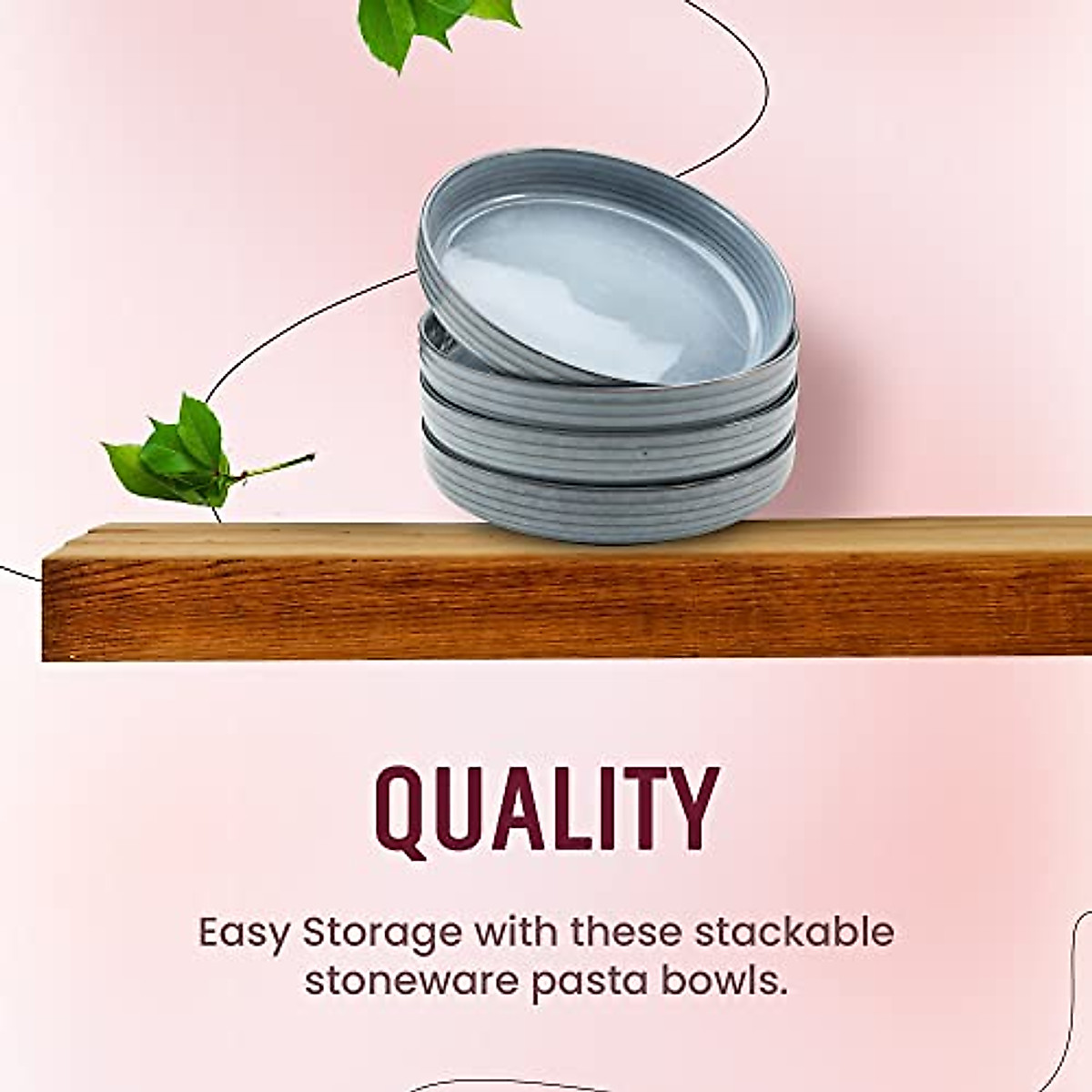 American Atelier Pasta Bowls Set of 4-20 oz, Microwave and Dishwasher Safe, Wide Shallow Stoneware Salad Bowl Set, Dinnerware Plates for Serving Dinner, Kitchen, and Eating (Light Blue)