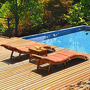 Tangkula 3 Pcs Folding Patio Solid Eucalyptus Wood Lounge Chair Set, Outdoor Lounger Chair w/Foldable Side Table, Double-Sided Cushion Lounger Chairs Set for Garden Lawn Backyard(Red & White)