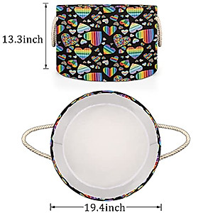 Rainbow Hearts Lgbt Pridge Large Round Baskets for Storage Laundry Baskets with Handles Blanket Storage Basket for Bathroom Shelves Bins for Organizing Nursery Hamper Girl Boy