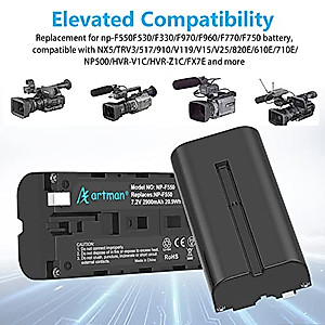 Artman NP-F550 Battery Upgraded LCD Dual Charger Compatible with Sony NPF530 F570 F330 F970 F960 F750 F770 CCD-SC55 TR516 TR716 TR818 TR910 (2-Pack 2900mAh)