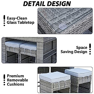 5 Pieces Outdoor Bar Set, Outside Patio Wicker Furniture Set with 4 Cushions Stools and 4 Tier Storage Shelf, Rattan Bar Height Table and Chairs for Garden, Porches, Backyard, Indoor, Pool Deck (Gray)