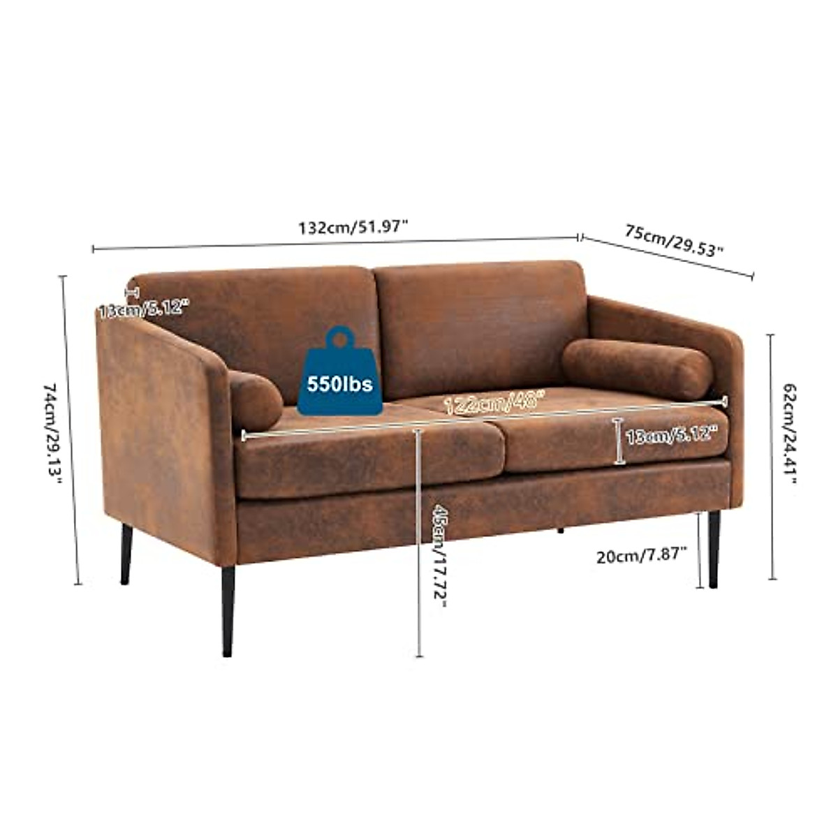 VINGLI 52"W Deep Couches for Living Room, Mini Modern Mid Century Tufted Futon Sofa Loveseat Retro/Vintage Microfiber 2 Club Seater Love Seat Sofas for Bedroom, Office, RV, Loft, Small Spaces, Rustic