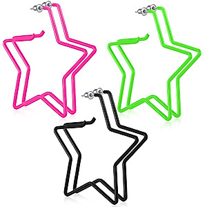 Hicarer 3 Pairs Neon Earrings 70s 80s Party Retro Earrings Gifts for Women Costume Party Accessory(Rose Red, Fluorescent Green, Black,Star Style)