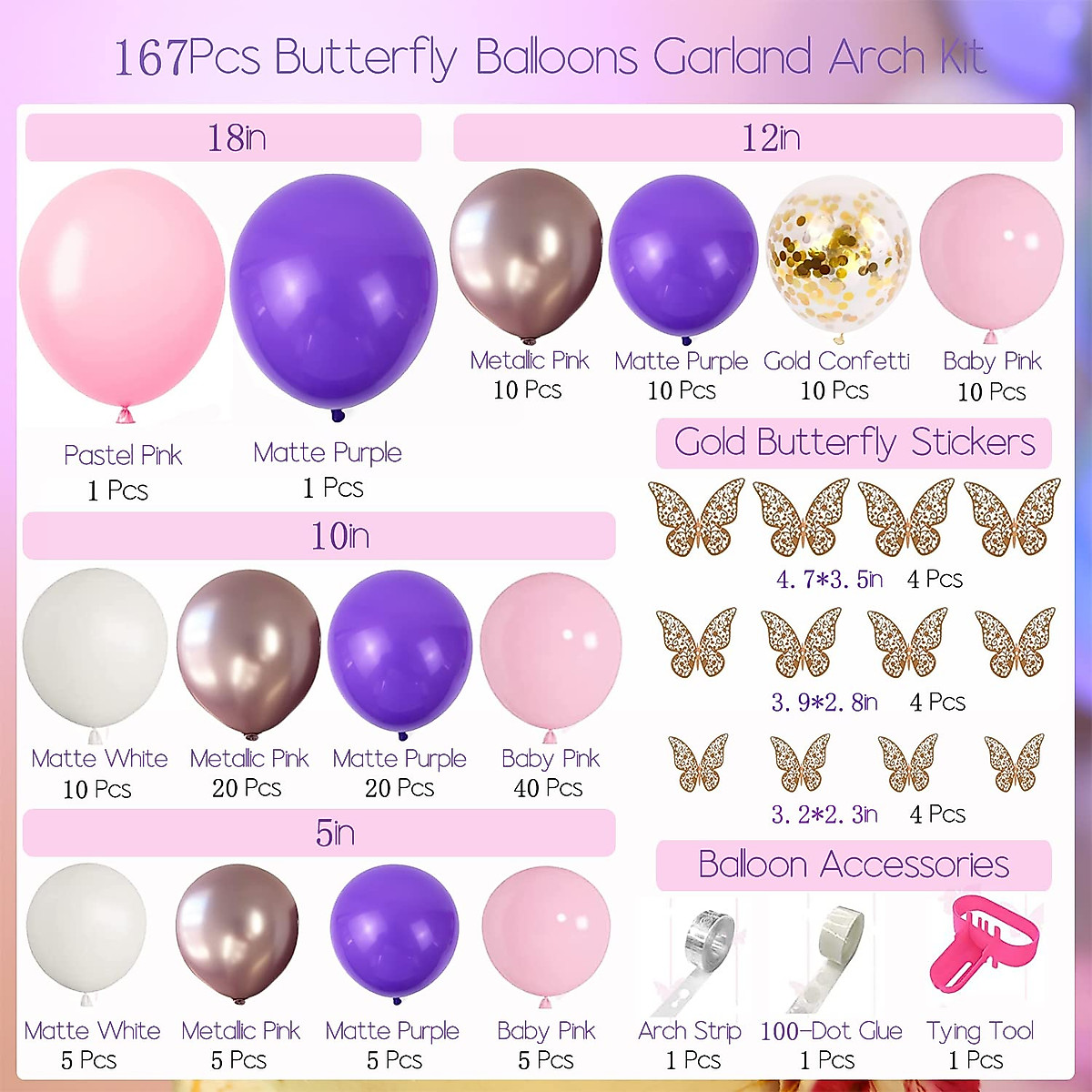 ANGSKALSA Balloon Garland Arch Kit - 167Pcs Baby Shower Decorations for Girl with Butterfly Stickers, Pink Purple White Gold Confetti Balloons for Birthday Party Bridal Shower Wedding Decorations
