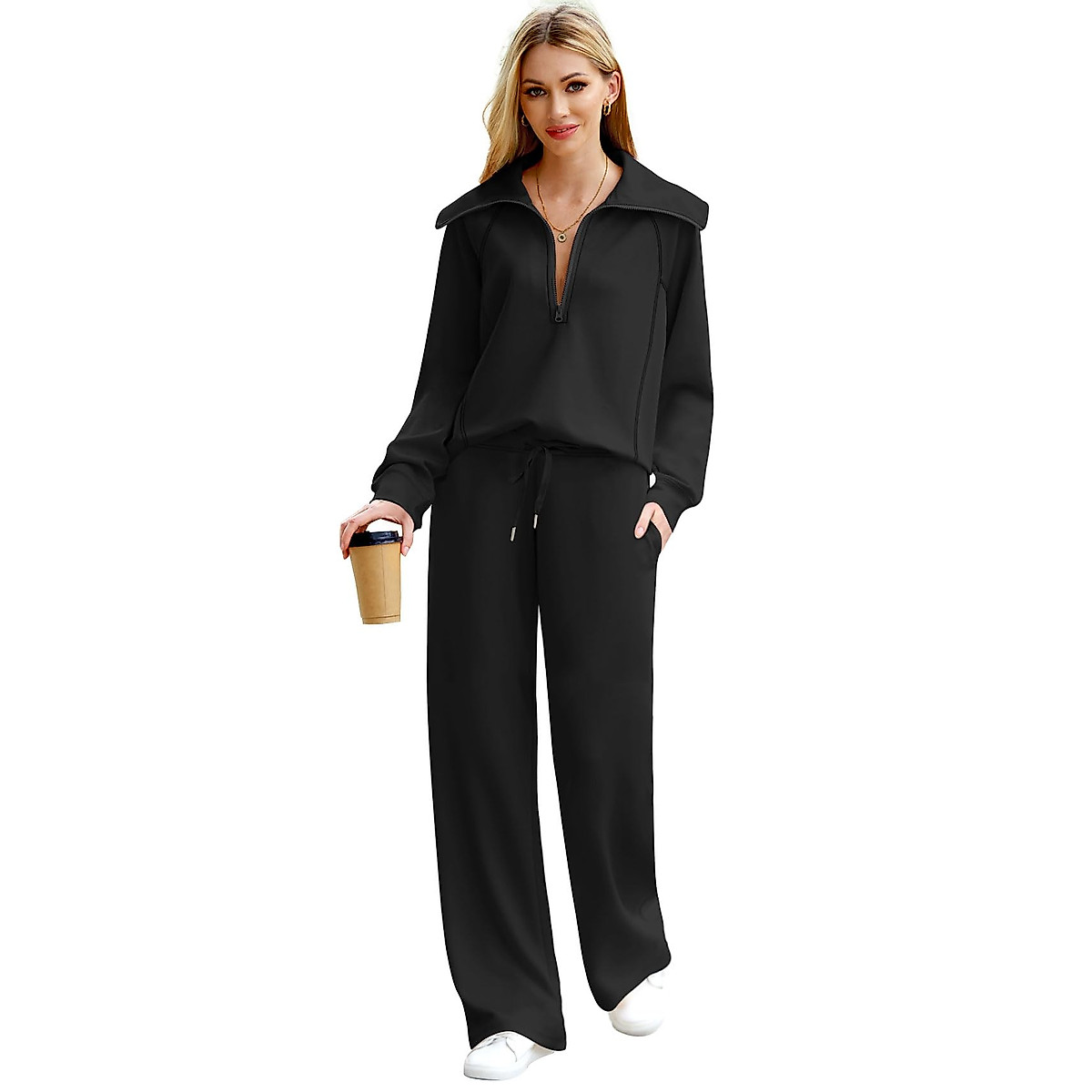 XIEERDUO Loungewear Set Women Fall Fashion 2024 Sweatsuit Set 2 Piece Outfits Black M