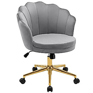 Furnimart Home Office Chair with Wheels Upholstered Comfy Velvet Desk Chair Stool, Adjustable Swivel Modern Seashell Back Vanity Chair for Living Room, Bedroom, Office (Grey)