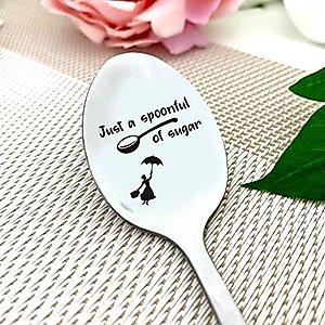 BIGEVENTS Just a Spoonful of Sugar Spoon Custom, Personalized, Gift, Present Coffee Lover Tea Lover Engraved Spoon Gift, Silver, 7 inches (A2)