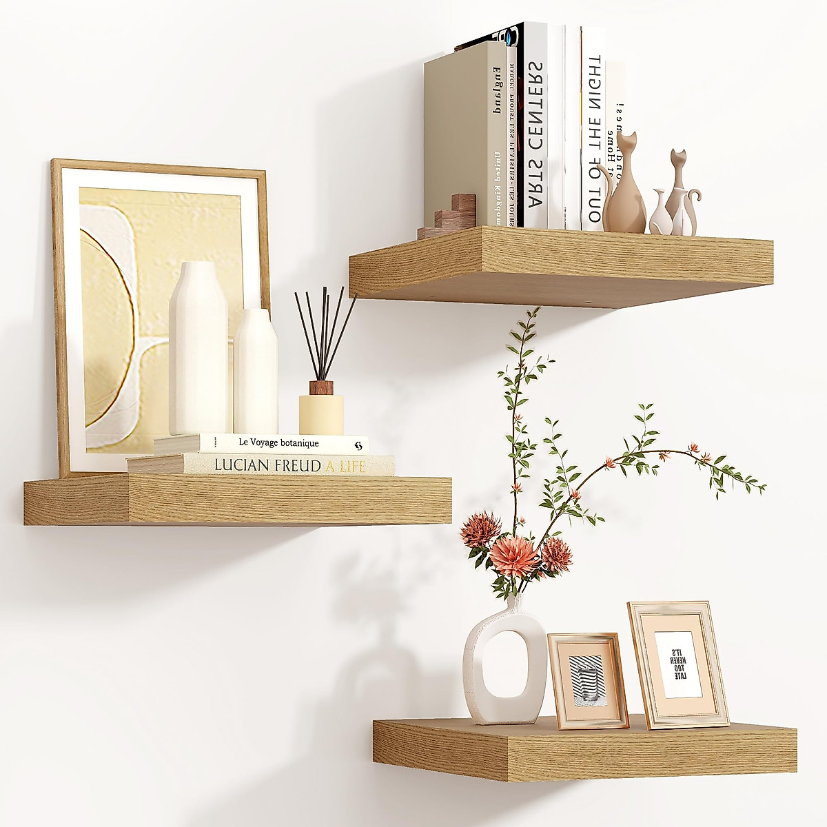 Floating Shelves for Wall, 3 Small Wall Mounted Shelves with Invisible Brackets, Square Wood Floating Wall Shelf Shelves for Living Room, Bedroom, Kitchen, Bathroom Decor (Oak, 12" W x 12" D x 1.3" H)