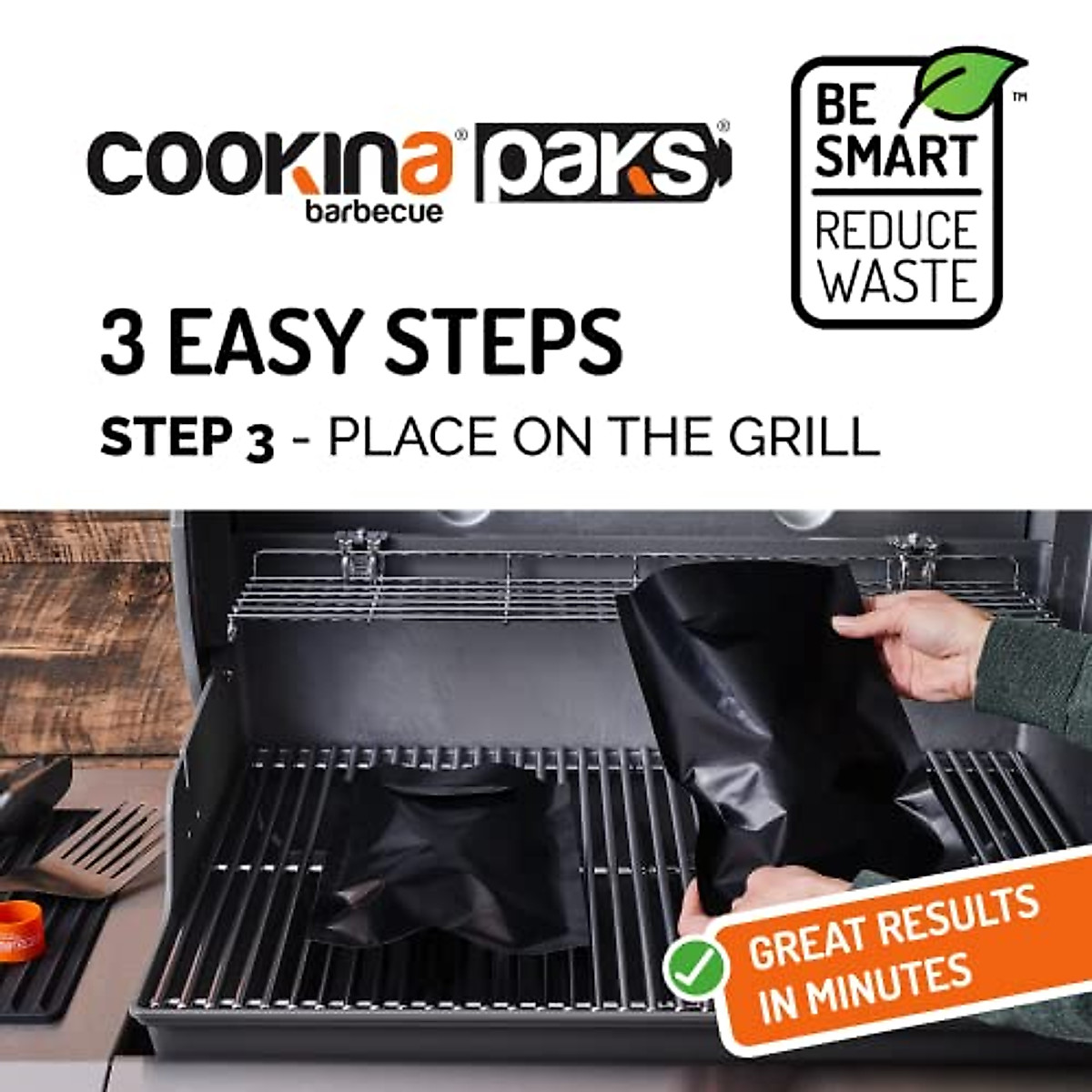 COOKINA PAKS BBQ Grilling Bag (Pack of 2) -100% Non-Stick Pouch Steam Cook in Minutes, Easy to Clean and Safe for Smokers, as Well as Gas, Charcoal and Electric Barbecues, Flat, Black