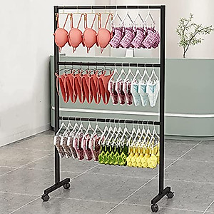 Retail Store Garment Rack Clothing Hanger, Underwear Panty Rack Shorts Display Bra Stand, Clothes Organizer with Wheels and 3- Tier Shelves, for Bedroom/Boutique/Cloth Store Metal Pipe Hanging Rack