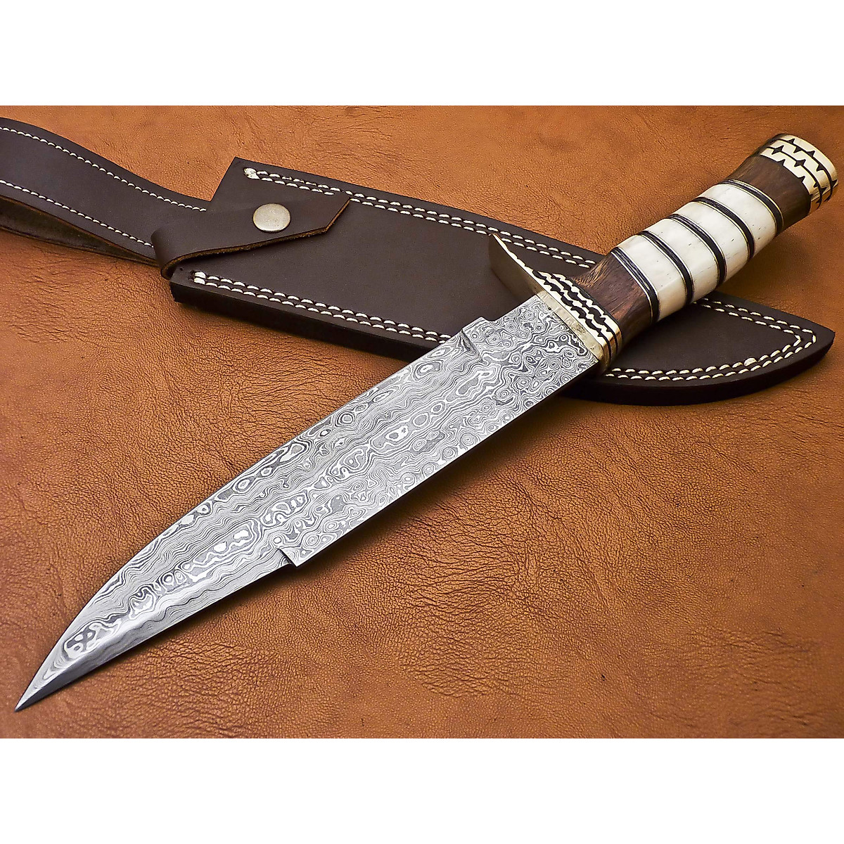 Custom Damascus Hunting Knife Camping Knife With Burl Wood Handle