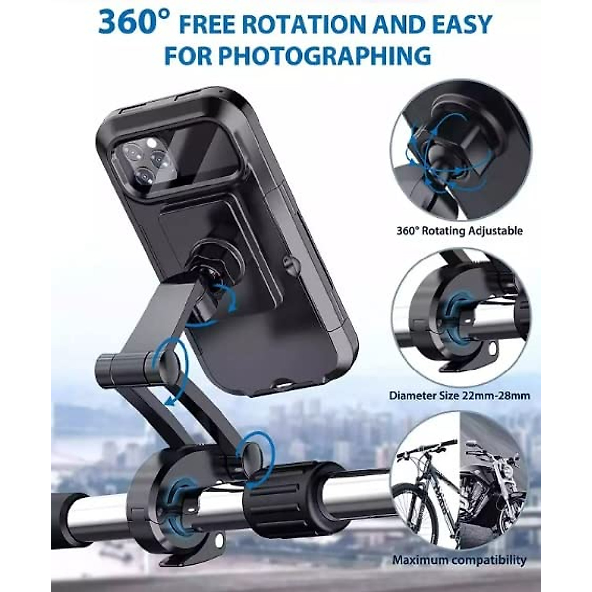 QXTEI Bike Phone Mount | Waterproof Cell Phone Holder for Bicycles & Motorcycles | 360° Rotation for Vertical & Horizontal View During Road Rides | Shock-Proof & Compatible with 4-6.5” Smartphones