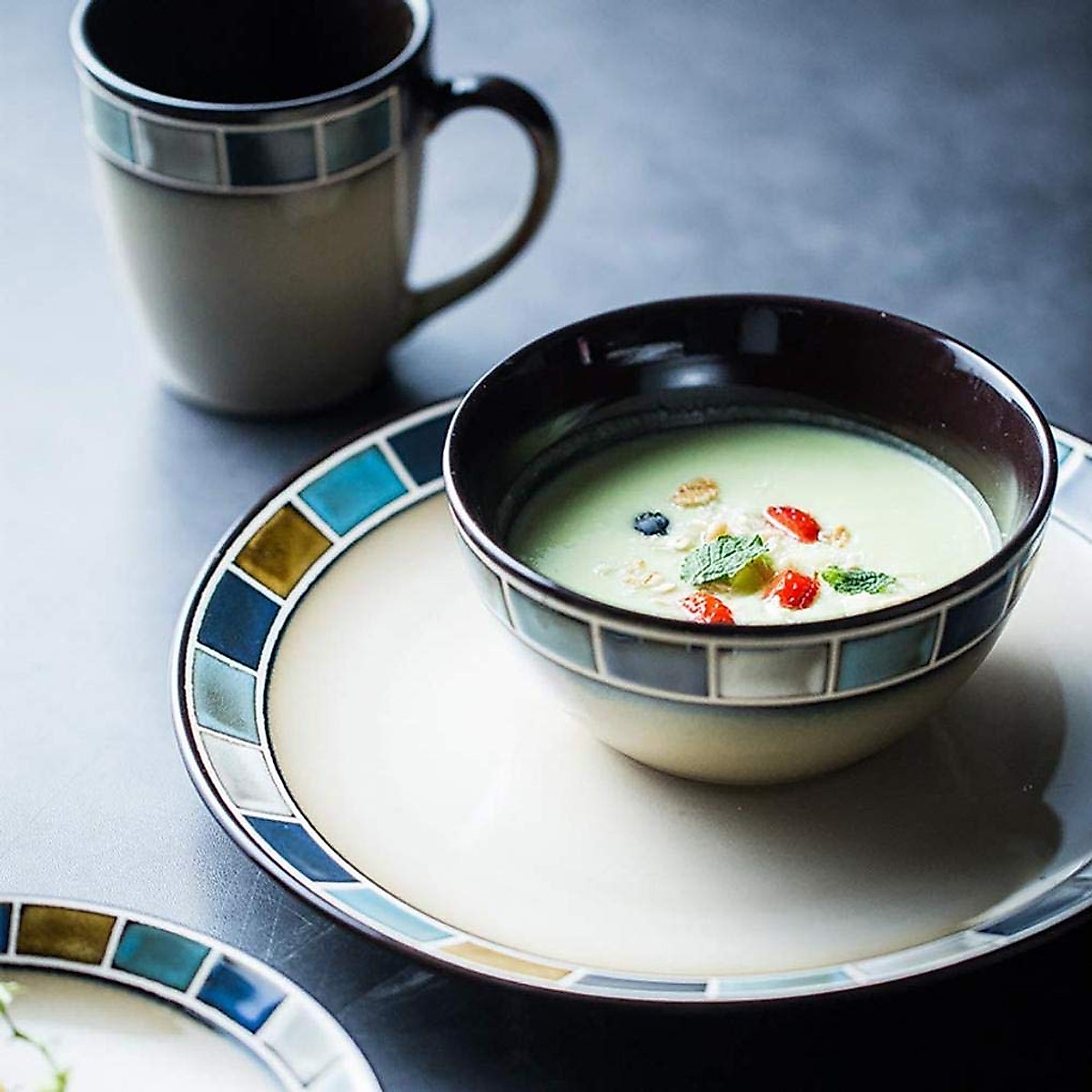 GagalU Dinner Set,4 Pieces of Vintage Porcelain Dinner Set Ceramic Dinner Plate Dessert Plate Steak Plate Salad Bowl and Mug Service for 1 Person