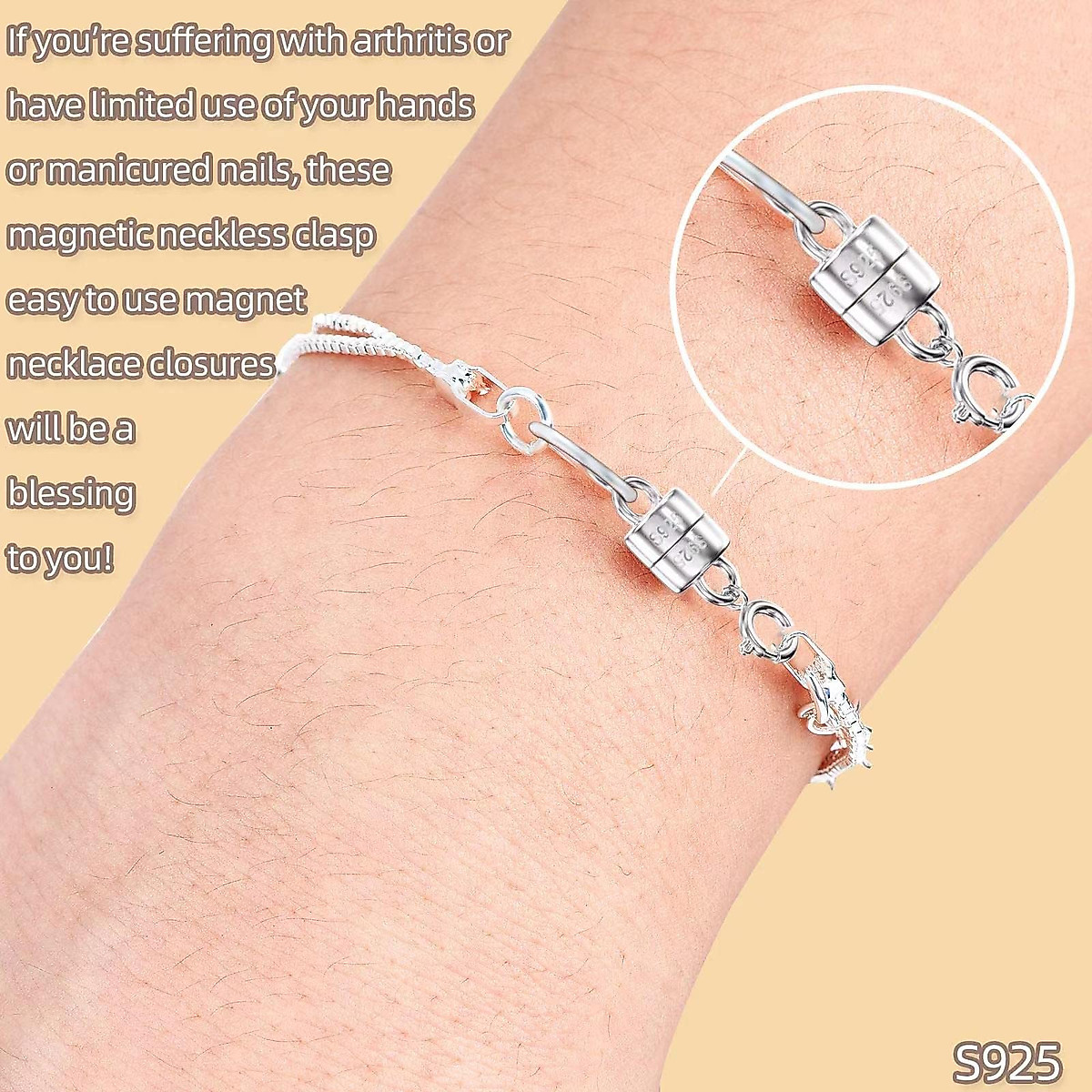 Qulltk 925 Sterling Silver Magnetic Necklace Clasps and Closures,Mini Bracelets Clasp Converter Gold and Silver Chain Extender for Jewelry Making Supplies