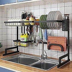 Plate Rack Dish Drainer Rack Over Sink Display Shelf Drainer Stainless Steel Kitchen Supplies Storage Shelf Utensils Holder Pan Plate Holder (Color : Black, Size : 65x32x52cm)