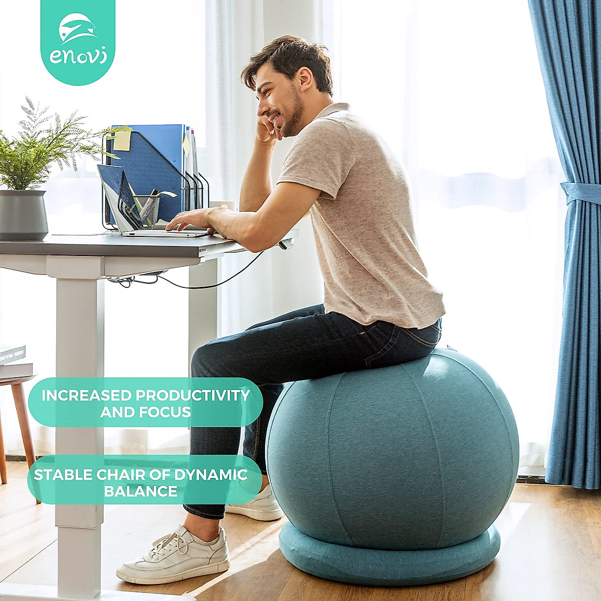 ENOVI ProBalanceΩ Ball Chair, Yoga Ball Chair Exercise Ball Chair with Slipcover and Base for Home Office Desk, Birthing & Pregnancy, Stability Ball & Balance Ball Seat to Relieve Back Pain, 55cm, WB