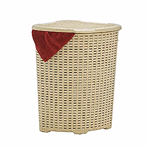 Superio Corner Laundry Hamper Basket With Lid 50 Liter, Beige Wicker Hamper - Durable, Lightweight Bin With Cutout Handles, Storage Dirty Cloths, Space Saver Curved Shape Design
