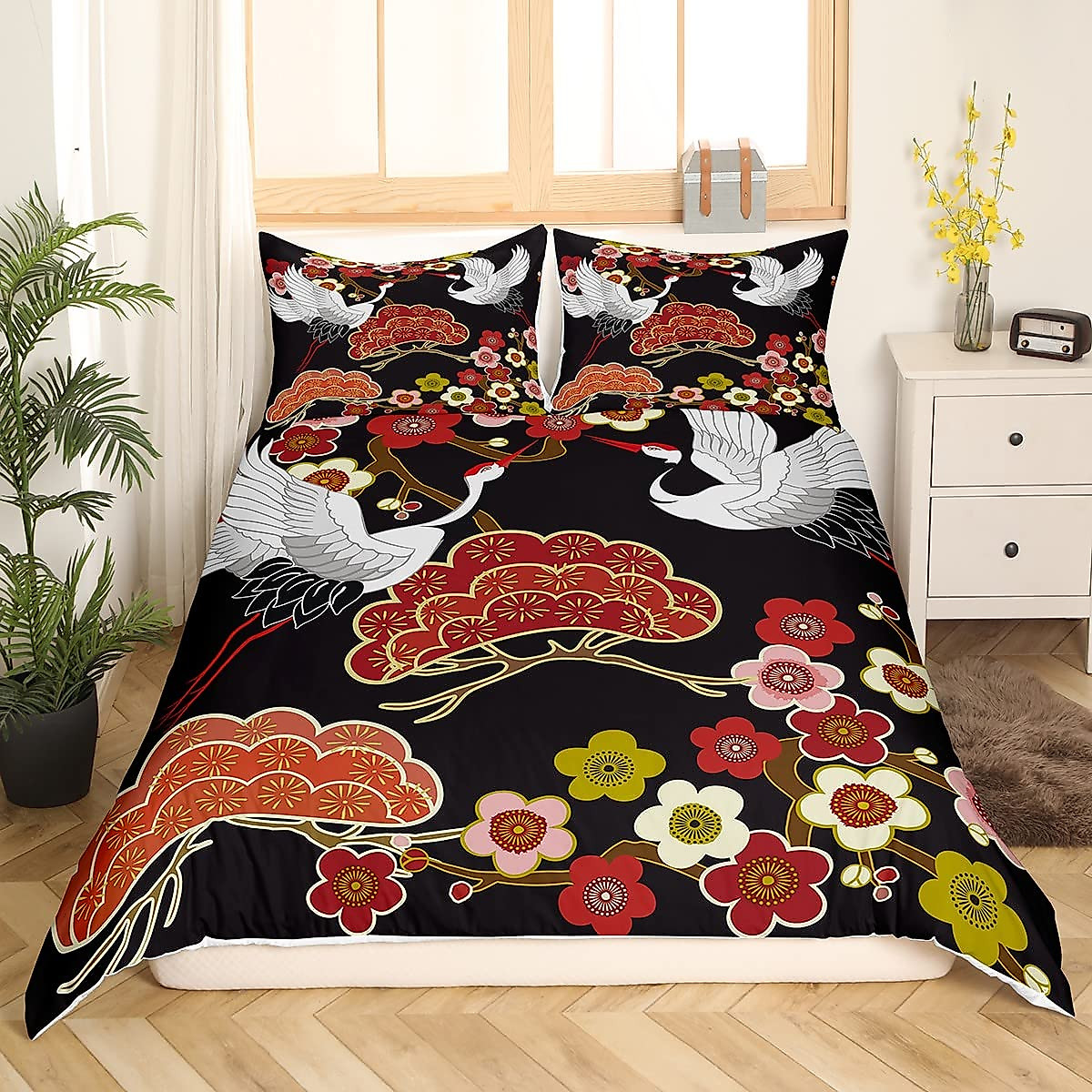 Erosebridal Japanese Ukiyoe Duvet Cover Cherry Blossom Bedding Sets King White Crane Bird Comforter Cover Animal and Botanical Theme Bedding, Microfiber Breathable Quilt Cover Black