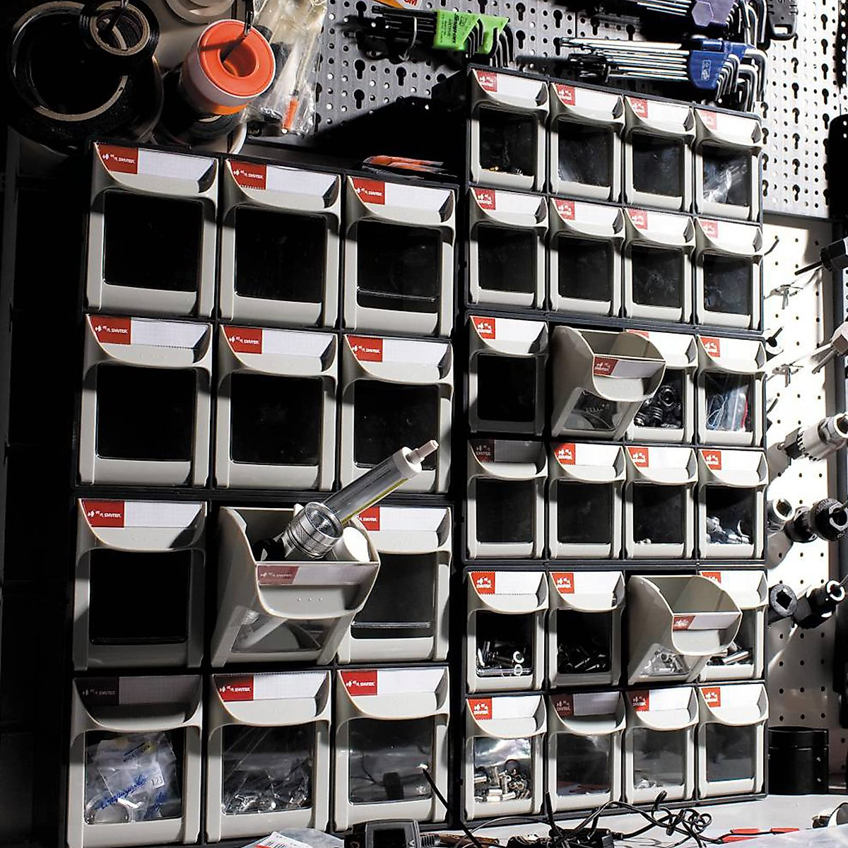 SHUTER Small Parts Tool Organizer, Tilt Out Stackable Craft Sewing Cabinet, Garage Storage, Dental Tip Out Bin Design, 8 Compartment, Warehouse Kits Included, Black, FO-308