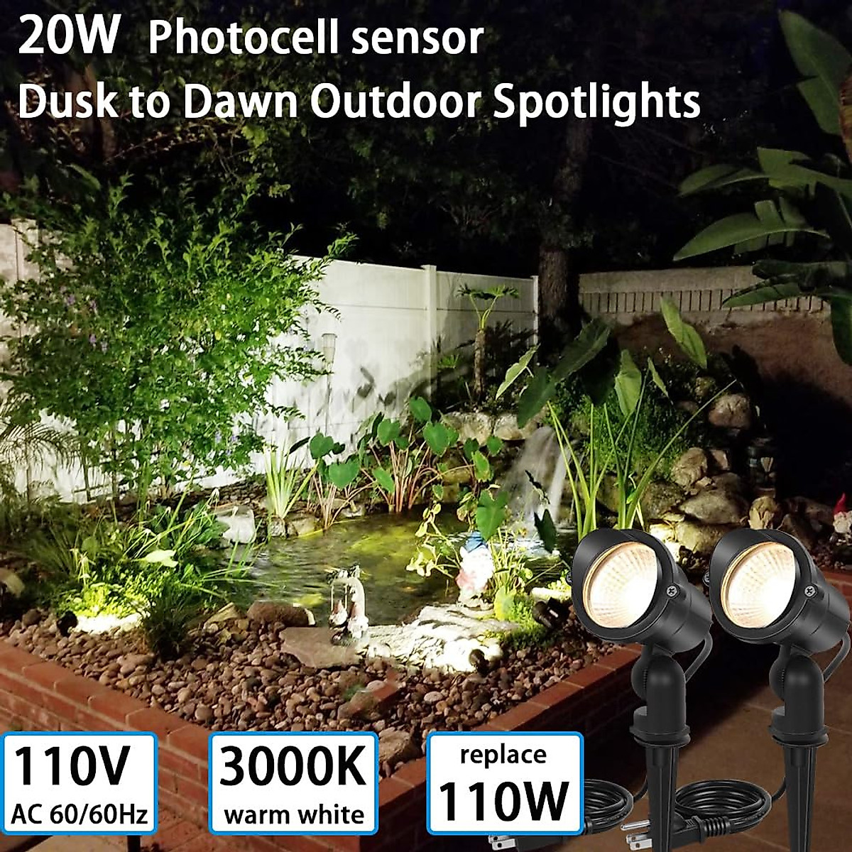 20W Dusk to Dawn Outdoor LED Spotlight Plug in with Photocell Sensor for House Flag Yard Tree Garden, 3000K 1000lm Warm White 120V Landscape Lighting with Stake IP66 Waterproof 5.9ft Cord, 2 Pack