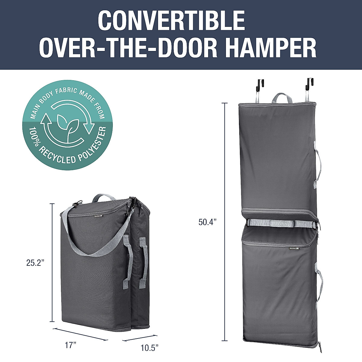 CleverMade Hanging Laundry Hamper Bag with Over the Door Hooks; Space Saving Organization, Great for a Dorm Room, Closet, Bathroom, or Small Bedroom - Shadow Gray/Stone Gray, 2 Compartments