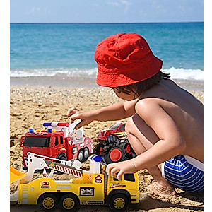 Mozlly Friction Powered Emergency Tow Truck Toys Set of 3 - Assorted Color Towing Trucks with Big Racing Monster Trucks & Bulldozer, Interactive Sound & Light - 3 Pack