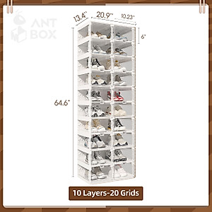 ANTBOX Foldable Shoe Rack,Shoe Organizers for Closet Plastic Shoe Storage Box Space Saving for Entryway, Large Sturdy Stackable Sneaker Cabinet Bins with Magnetic Clear Door 10 Tiers 20 Pairs