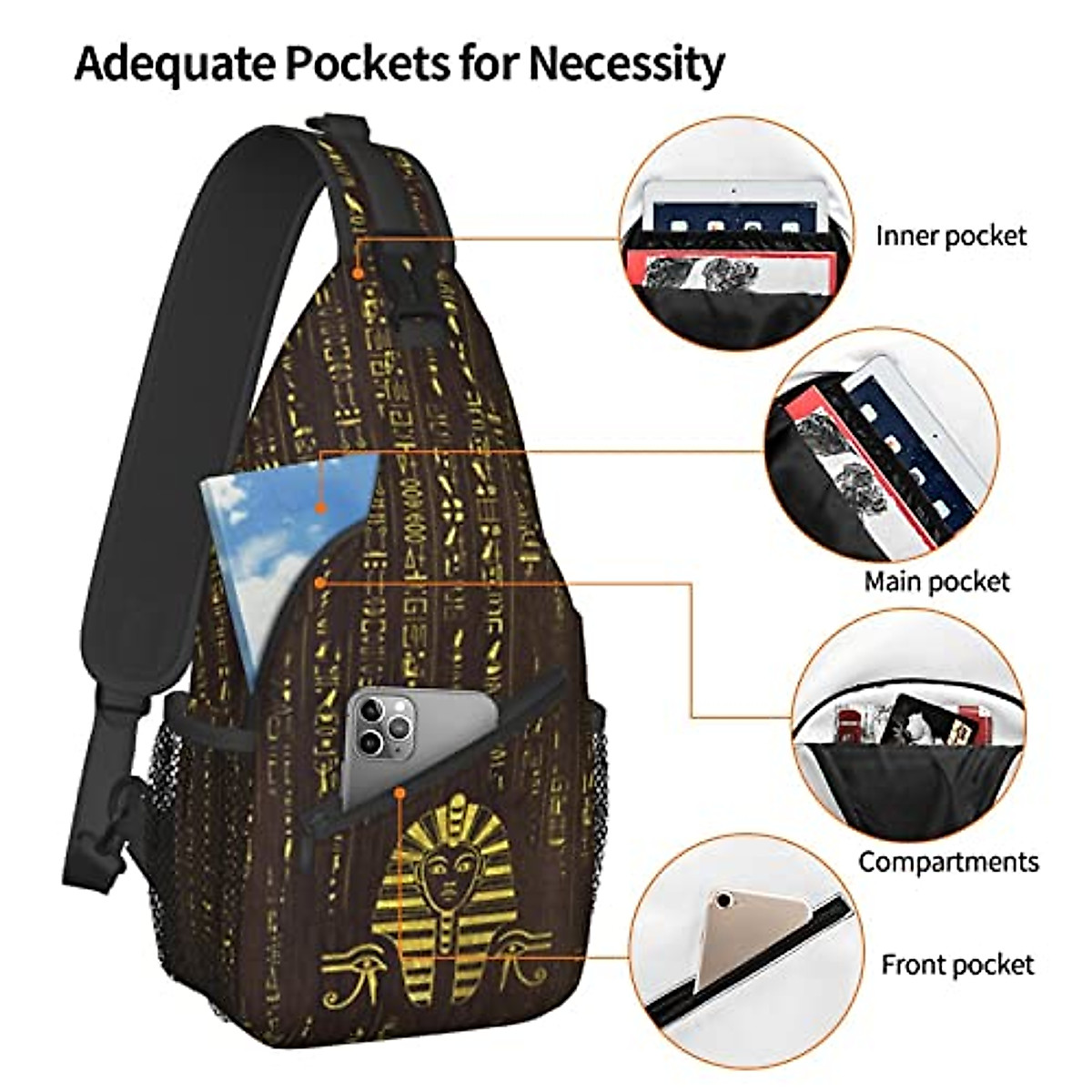 ASYG Ancient Egyptian Sling Bag Crossbody Chest Daypack Casual Backpack Egyptian Shoulder Bag Egyptian Decor